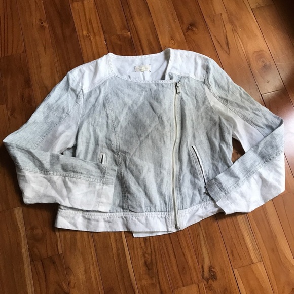 LOFT | Jackets & Coats | Loft Linen Blue White Side Zip Jacket | Poshmark